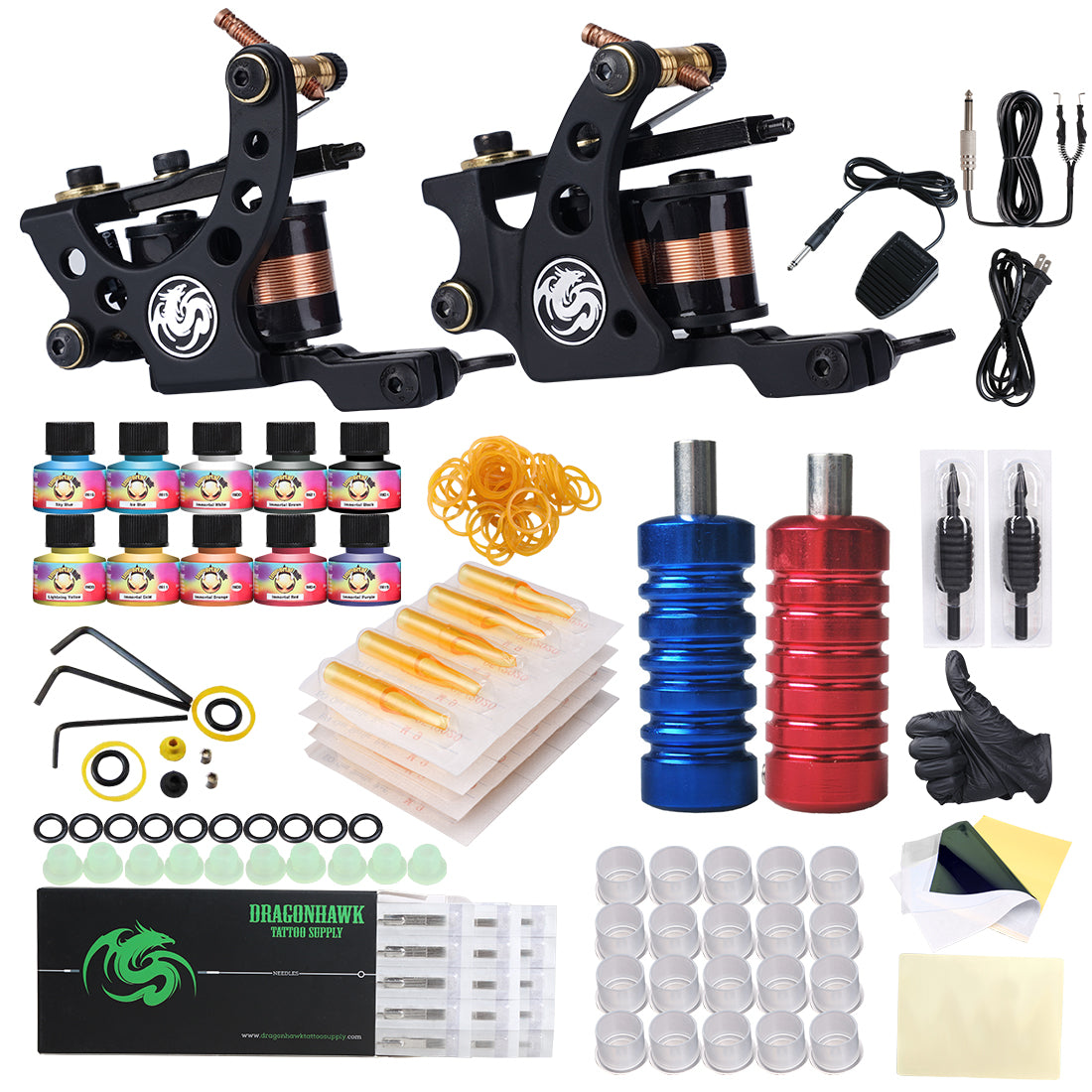 Dragonhawk Complete Tattoo Kit 2 Machines Gun 10 Color Inks Power Supp – DRAGONHAWK